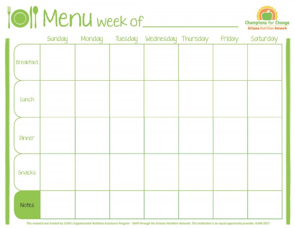 Menu Planner Blank - AZ Healthzone
